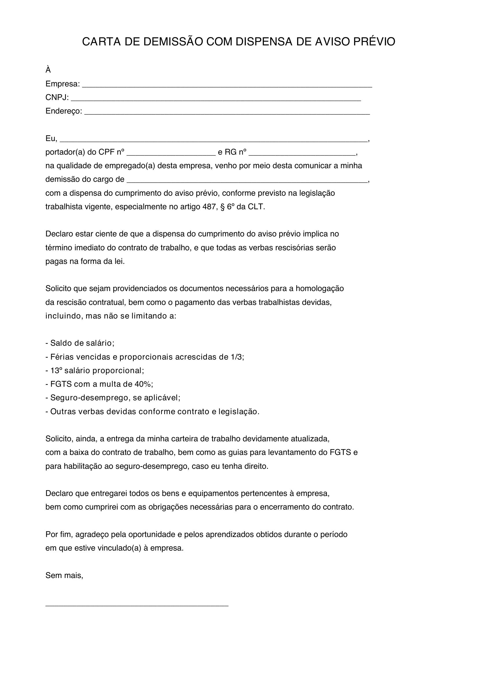 Modelo De Carta De Demissão Com Dispensa De Aviso Prévio